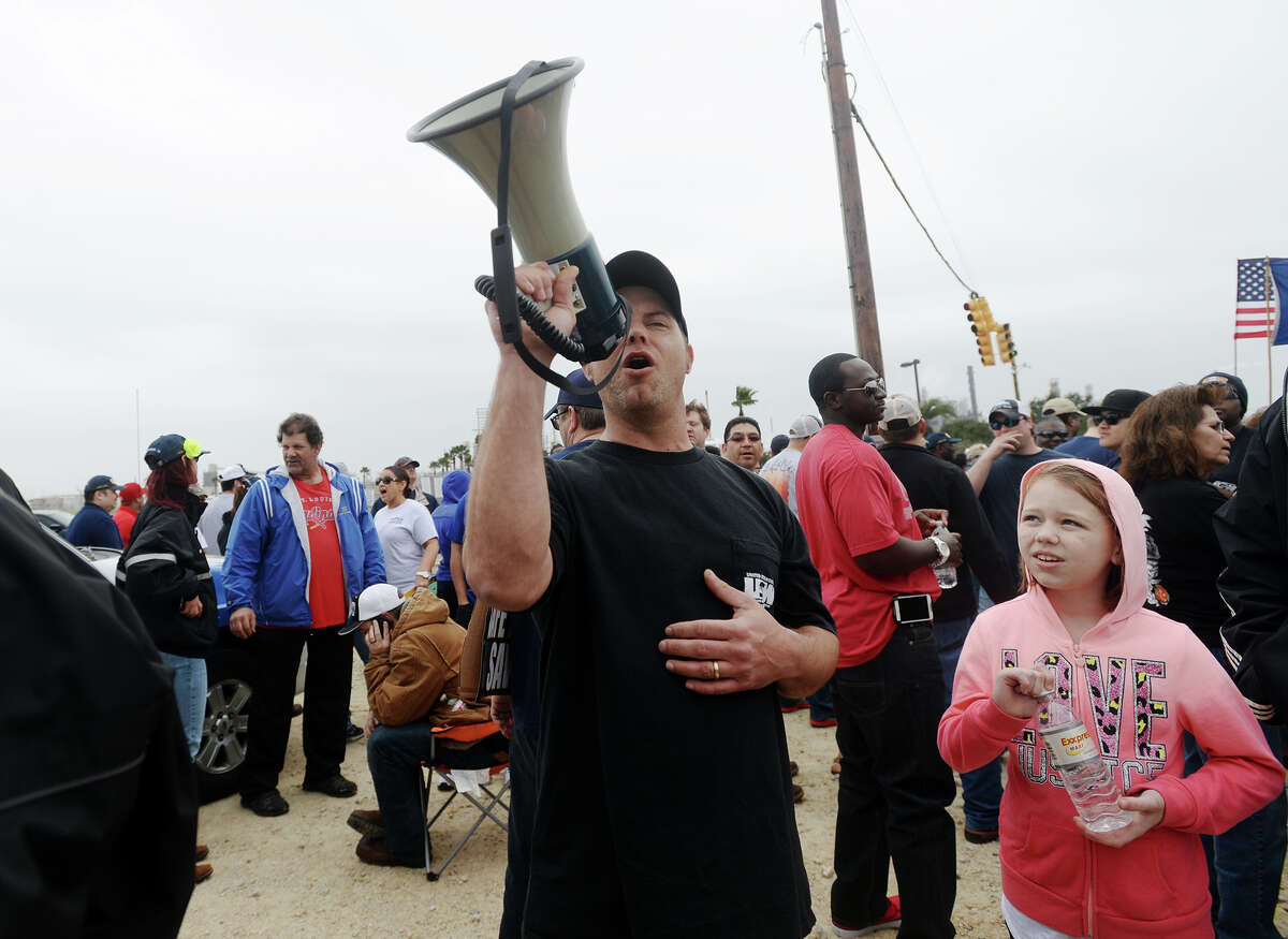 USW members strike after midnight outside Motiva in Port Arthur