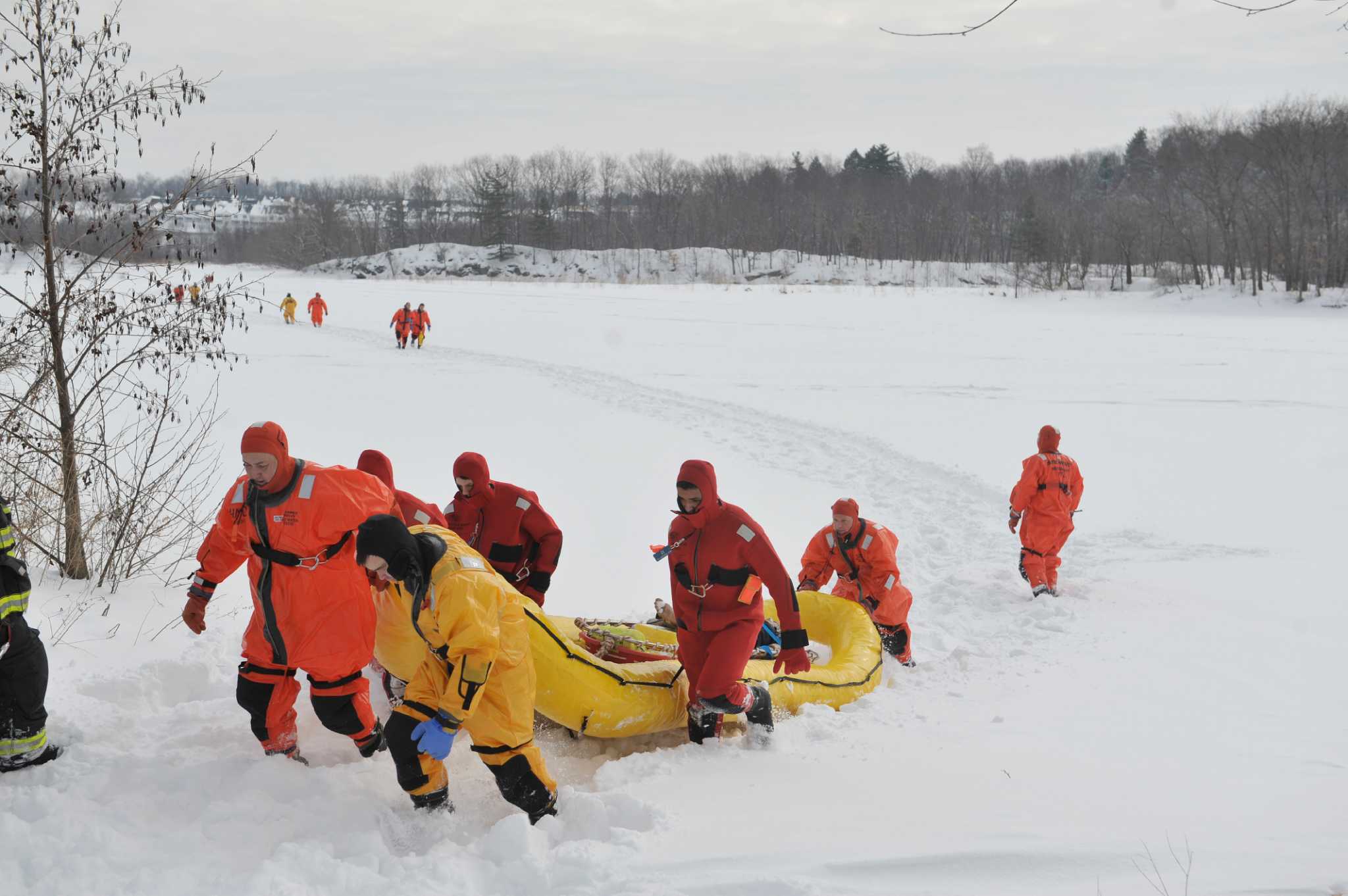 Firefighters practice cold-weather drills