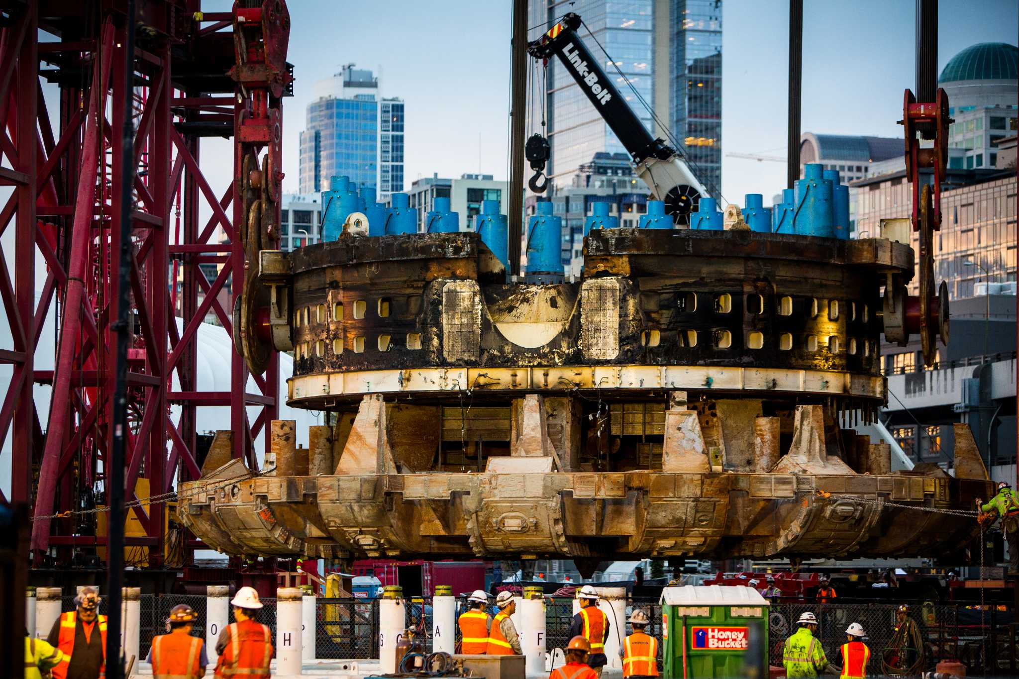 Bertha tunneling machine lifted to the surface