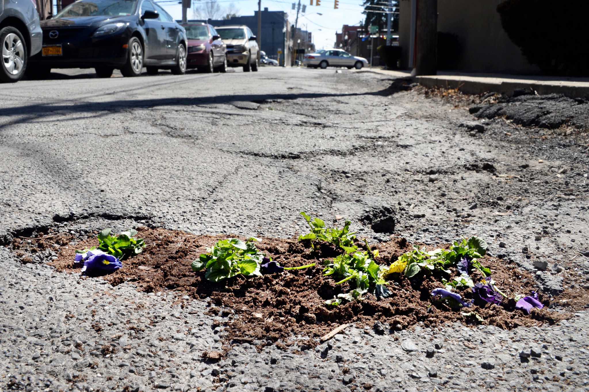 Pothole protest uses flower power
