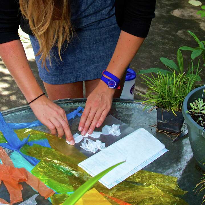 Make a collage with recycled plastic bags