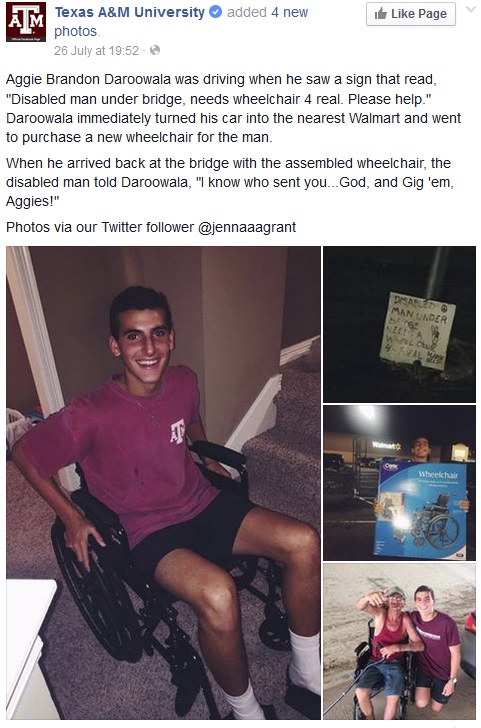 Good guy Aggie buys wheelchair for homeless man