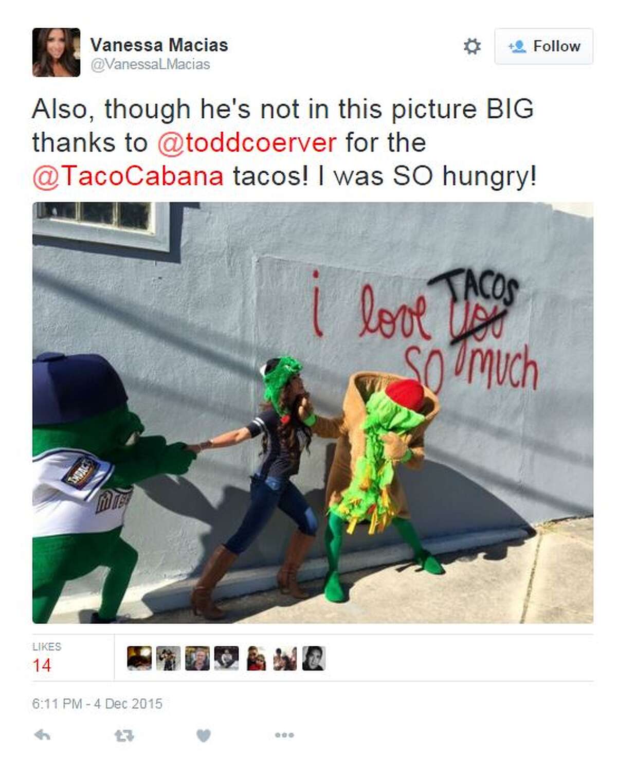 Ballapeno, Henry the Puffy Taco stop by ‘I love tacos so much’ wall for ...