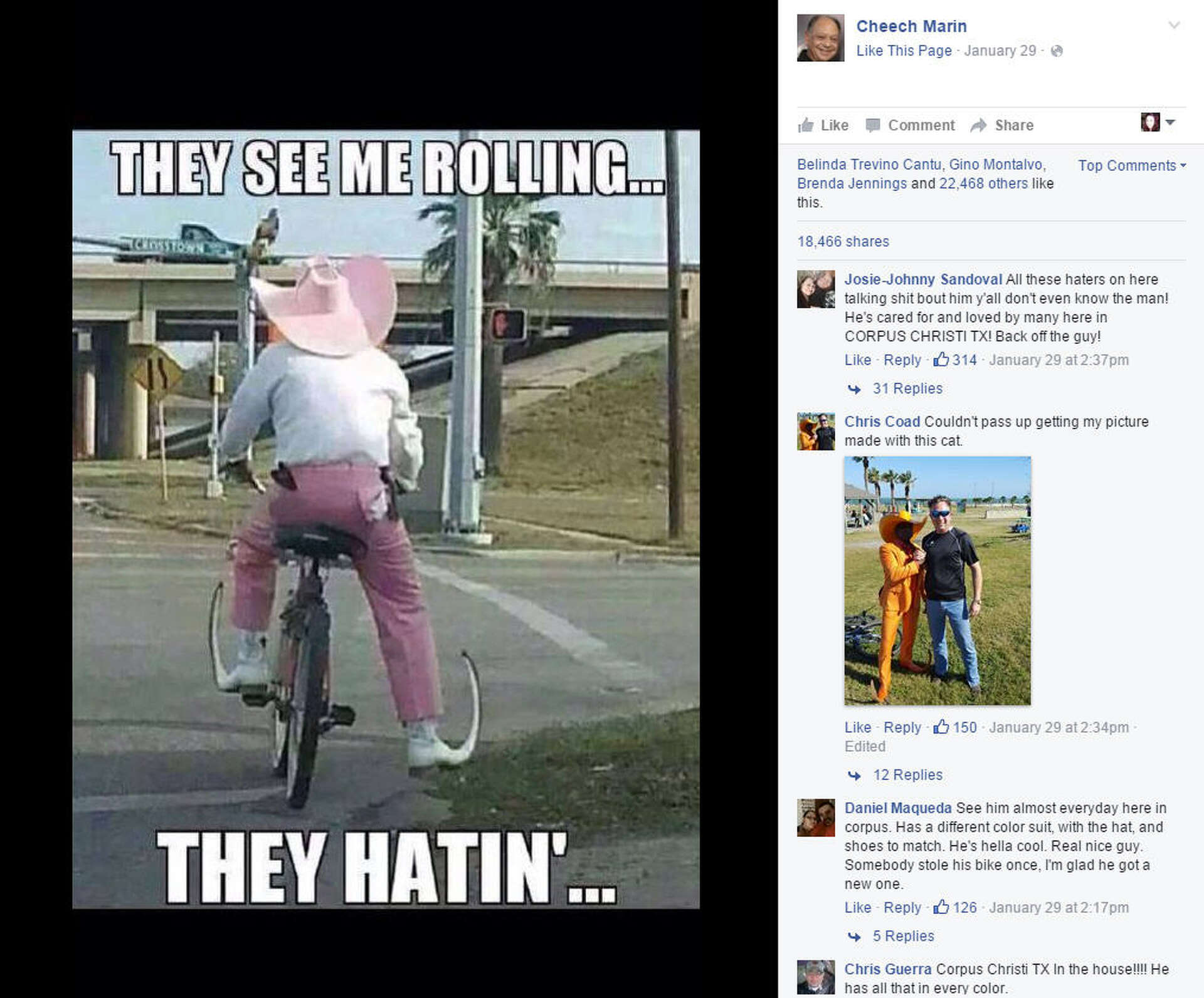 Cheech Marin posts meme of Texas man who rides bike in Mexican pointy ...