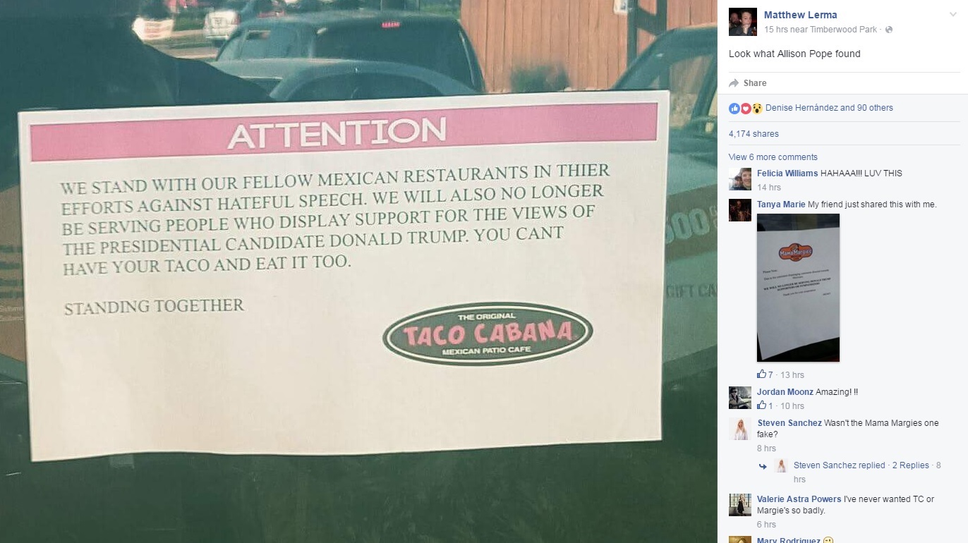 Taco Cabana sign saying Donald Trump supporters will not be served is ...