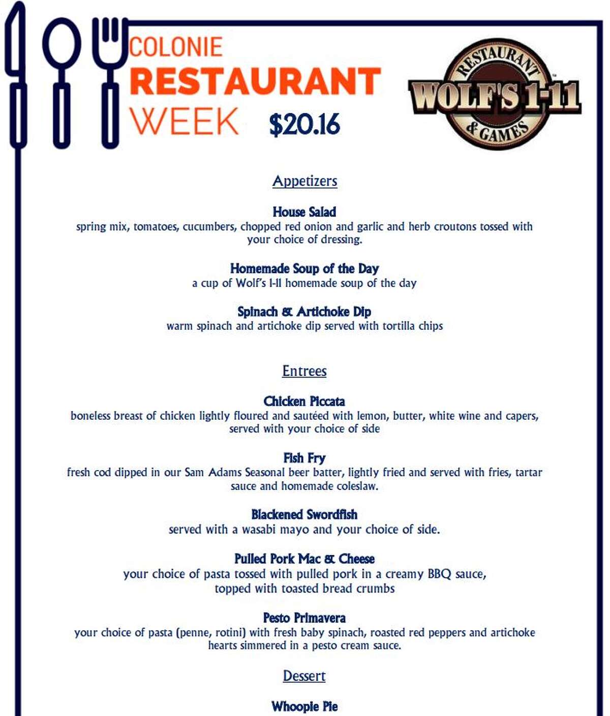 Menus: Colonie Restaurant Week 2016