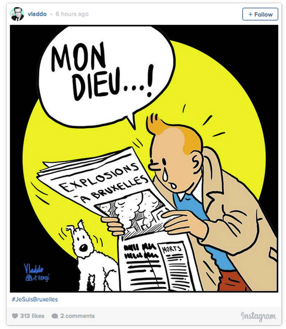 Social media users share crying Tintin after Brussels attacks