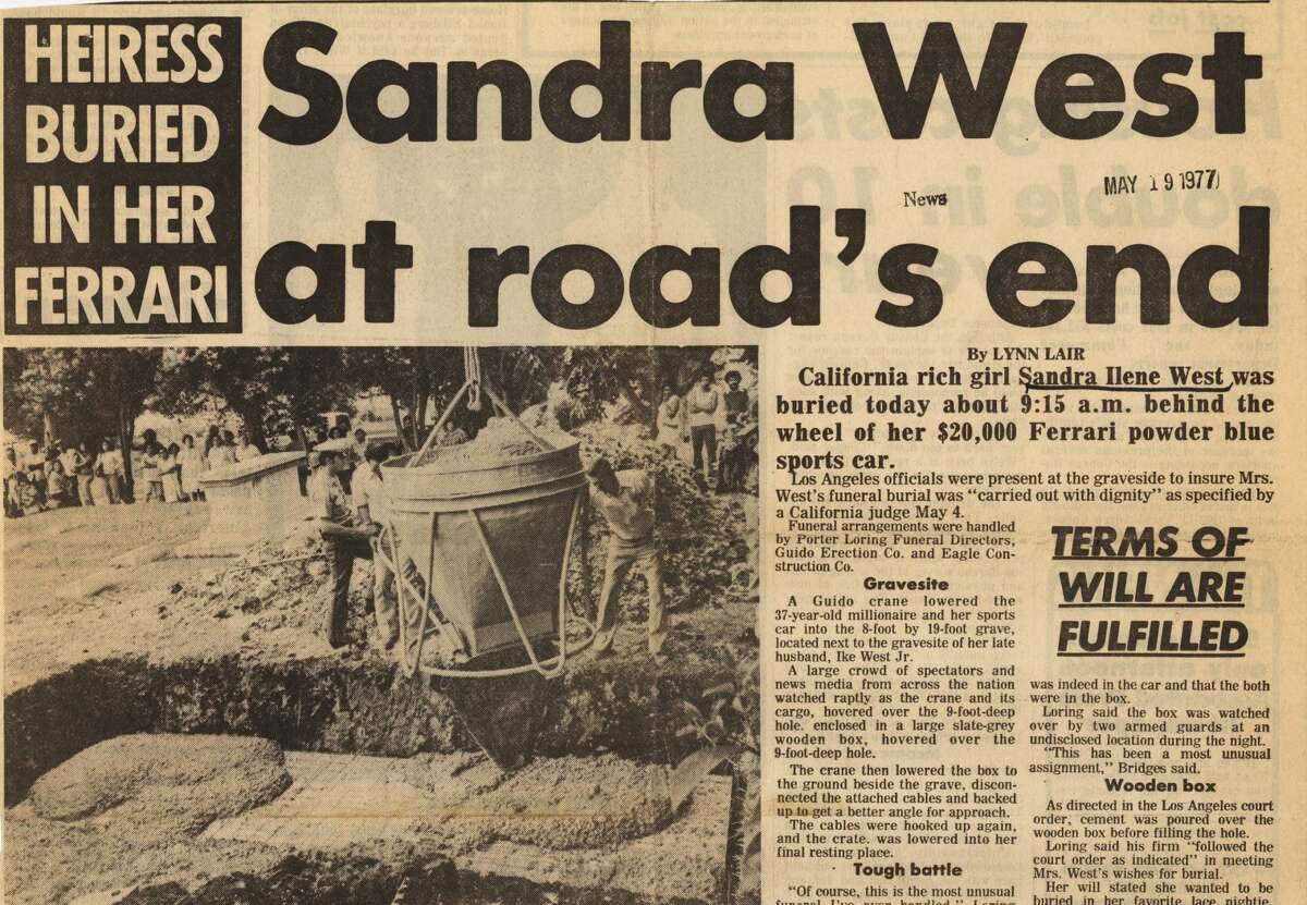 This week in in 1977, socialite Sandra West was buried in her Ferrari ...