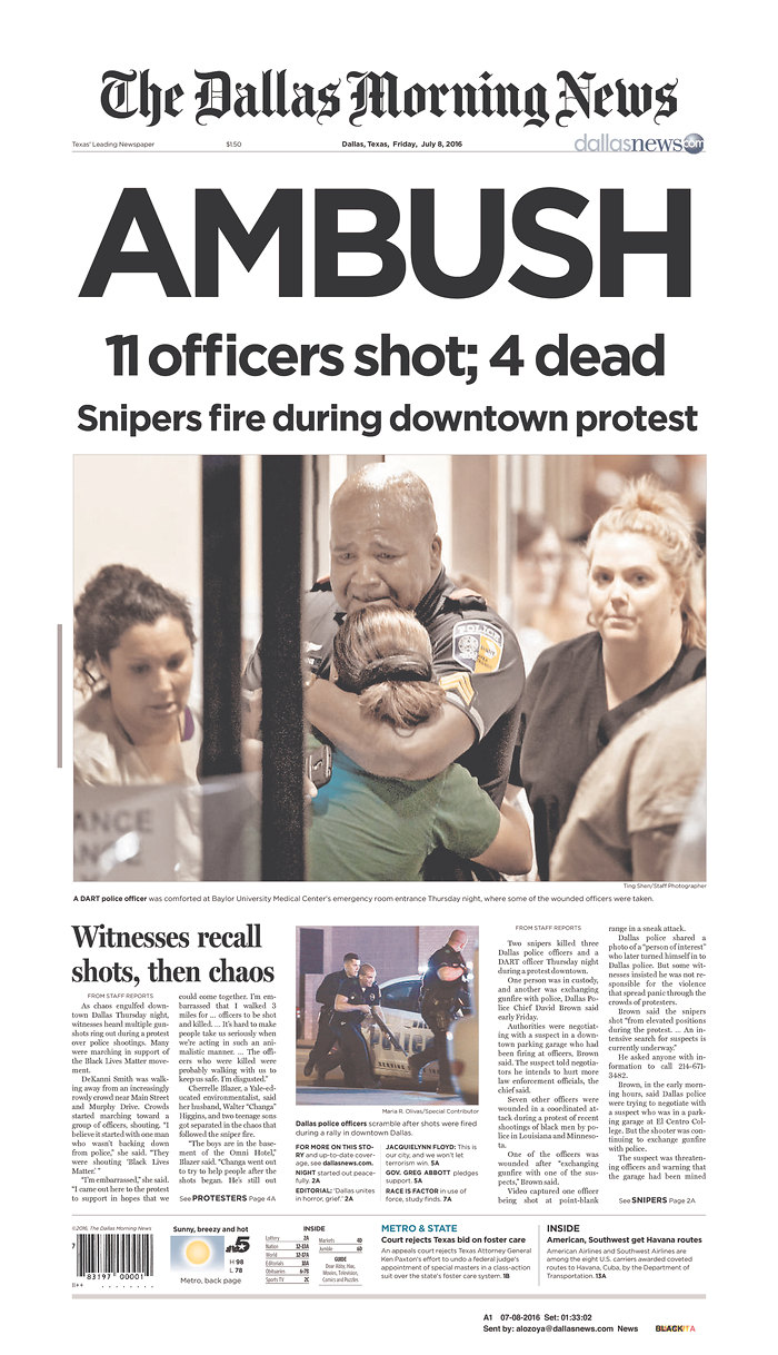 Front pages from newspapers covering the Dallas police shooting that ...
