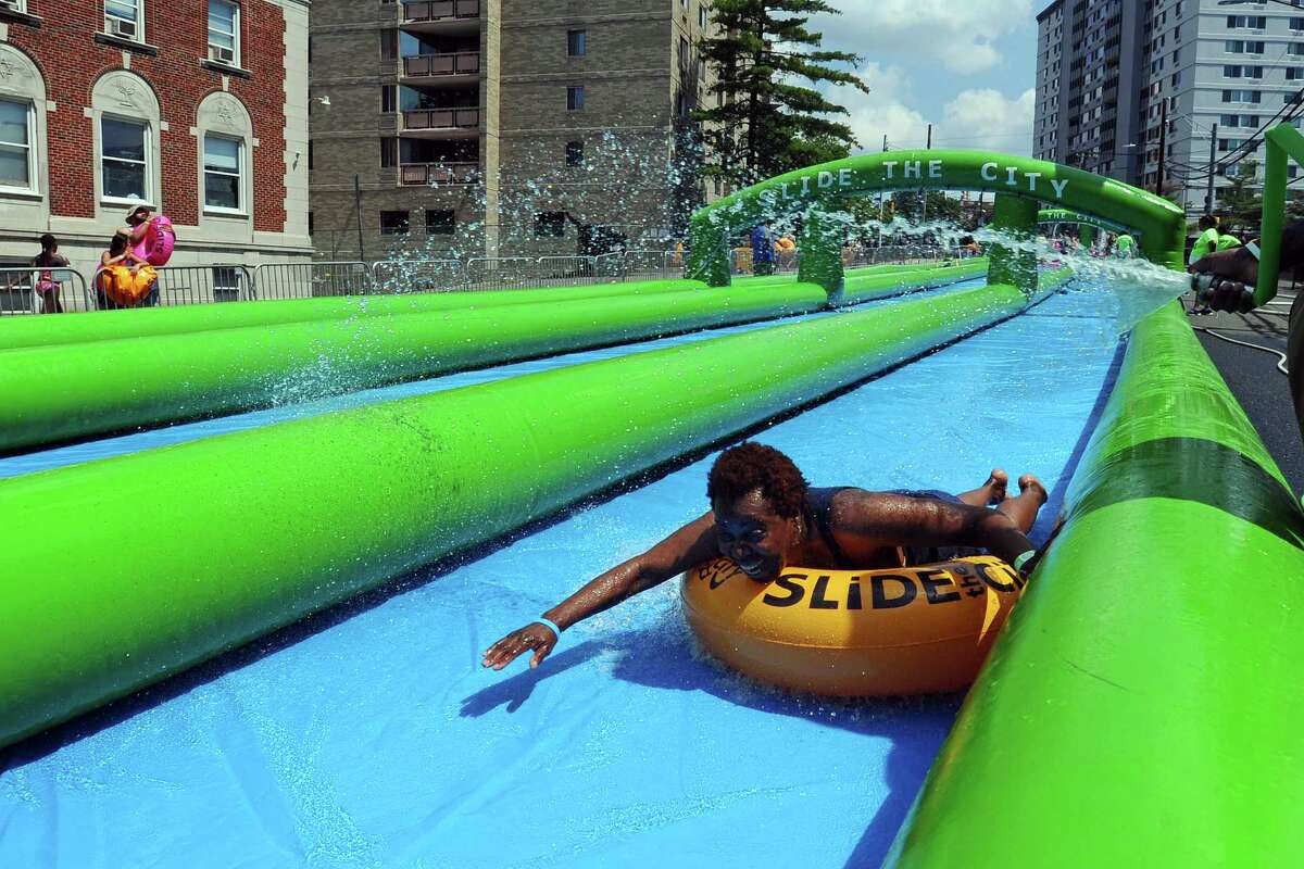 Giant water slide takes over downtown Stamford