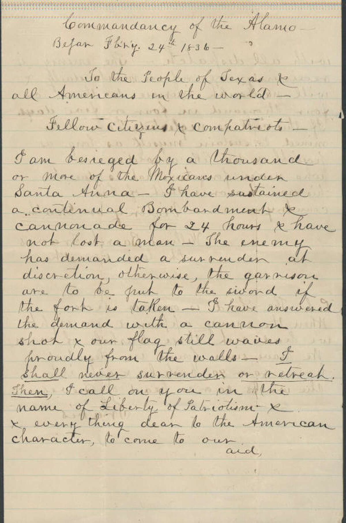 Looking Back: Museum has authentic copy of Travis Letter