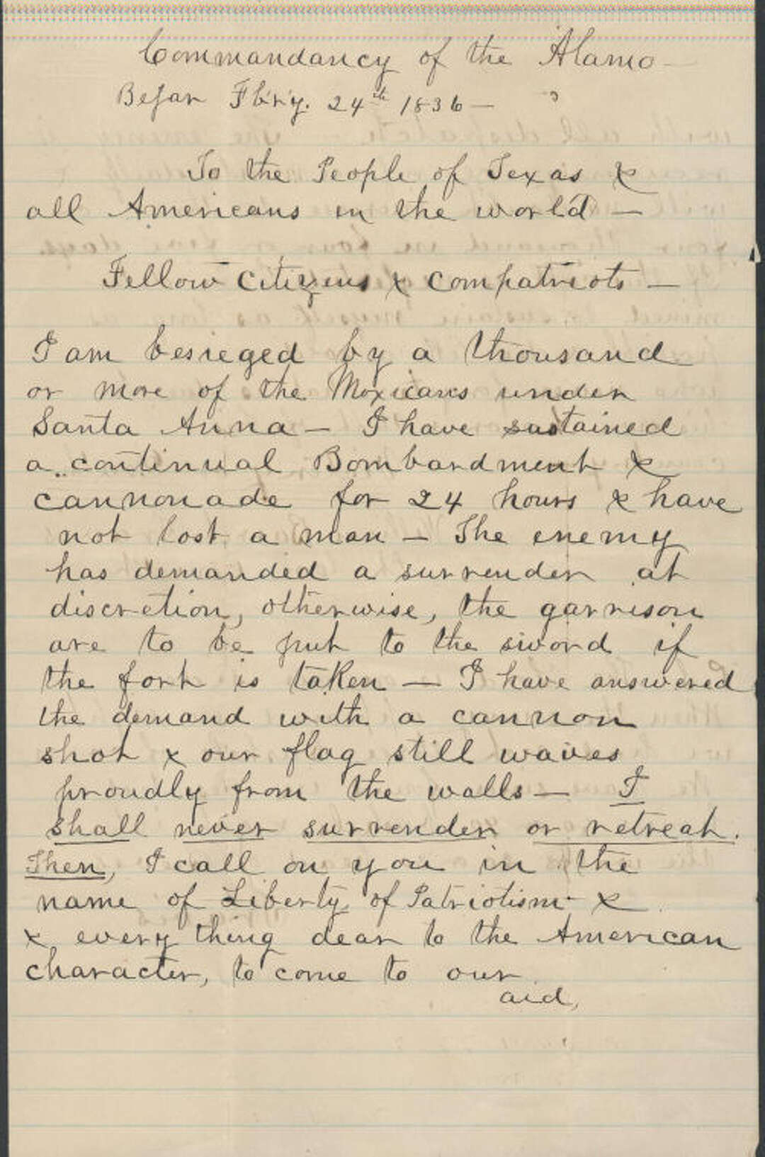 Looking Back: Museum has authentic copy of Travis Letter