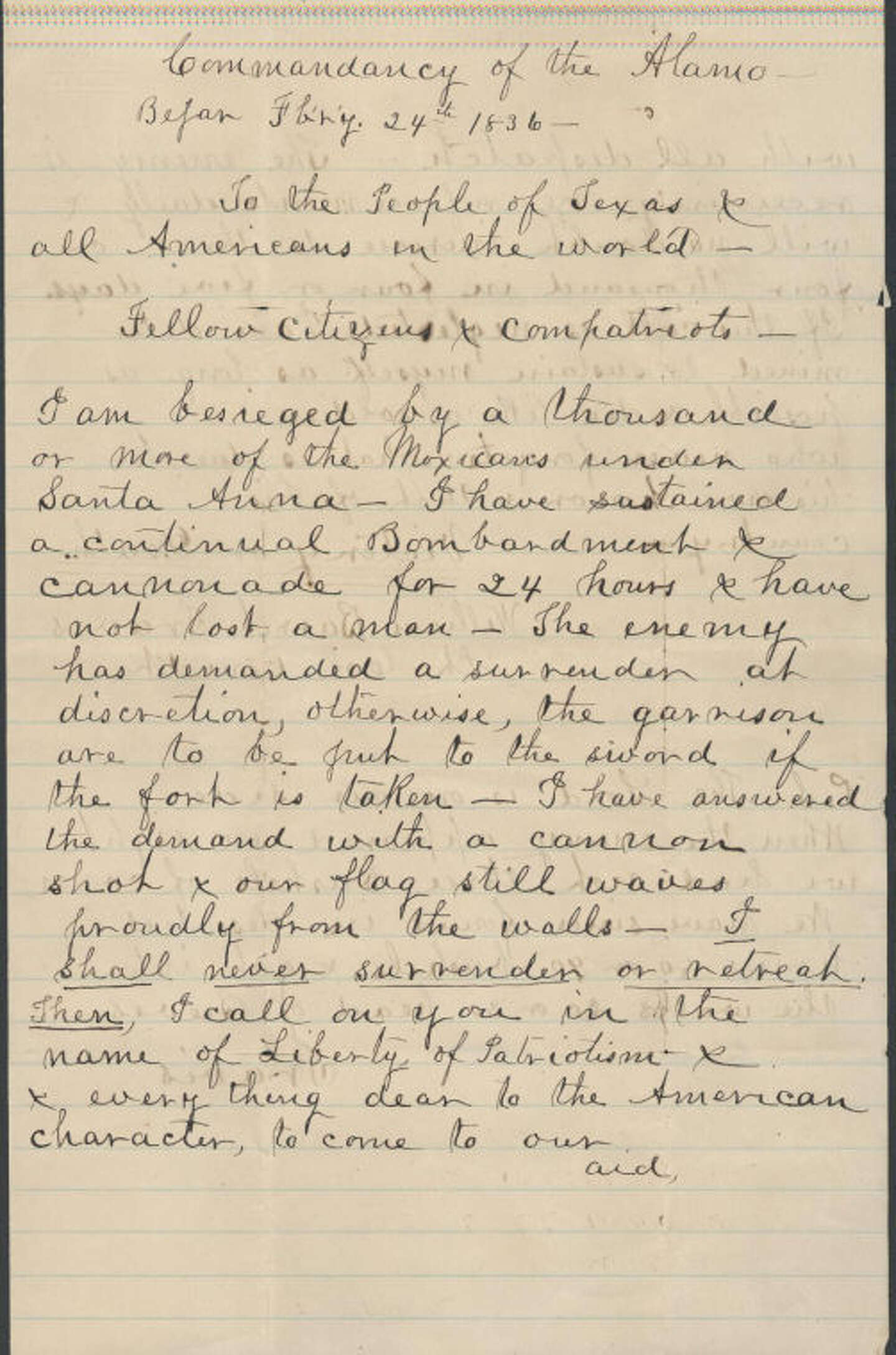 Looking Back: Museum has authentic copy of Travis Letter