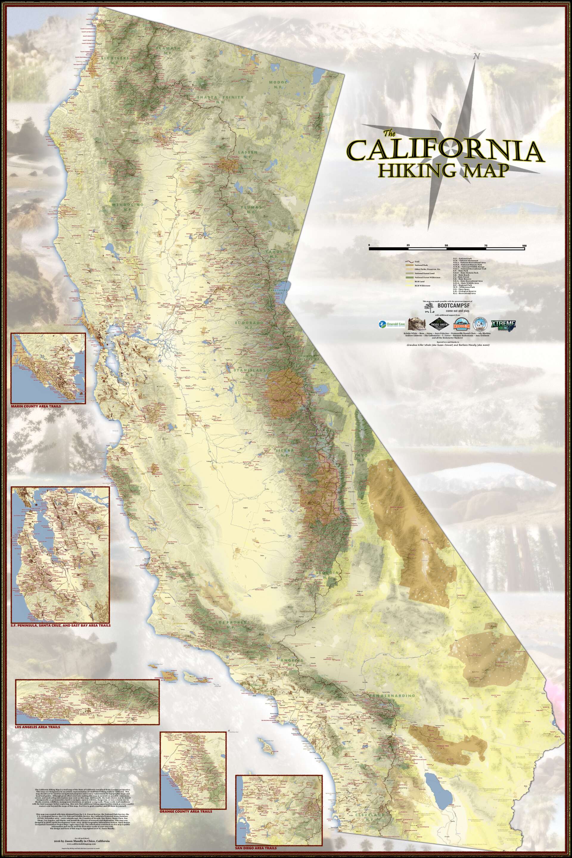 Find your next hike on detailed, huge trail map of California