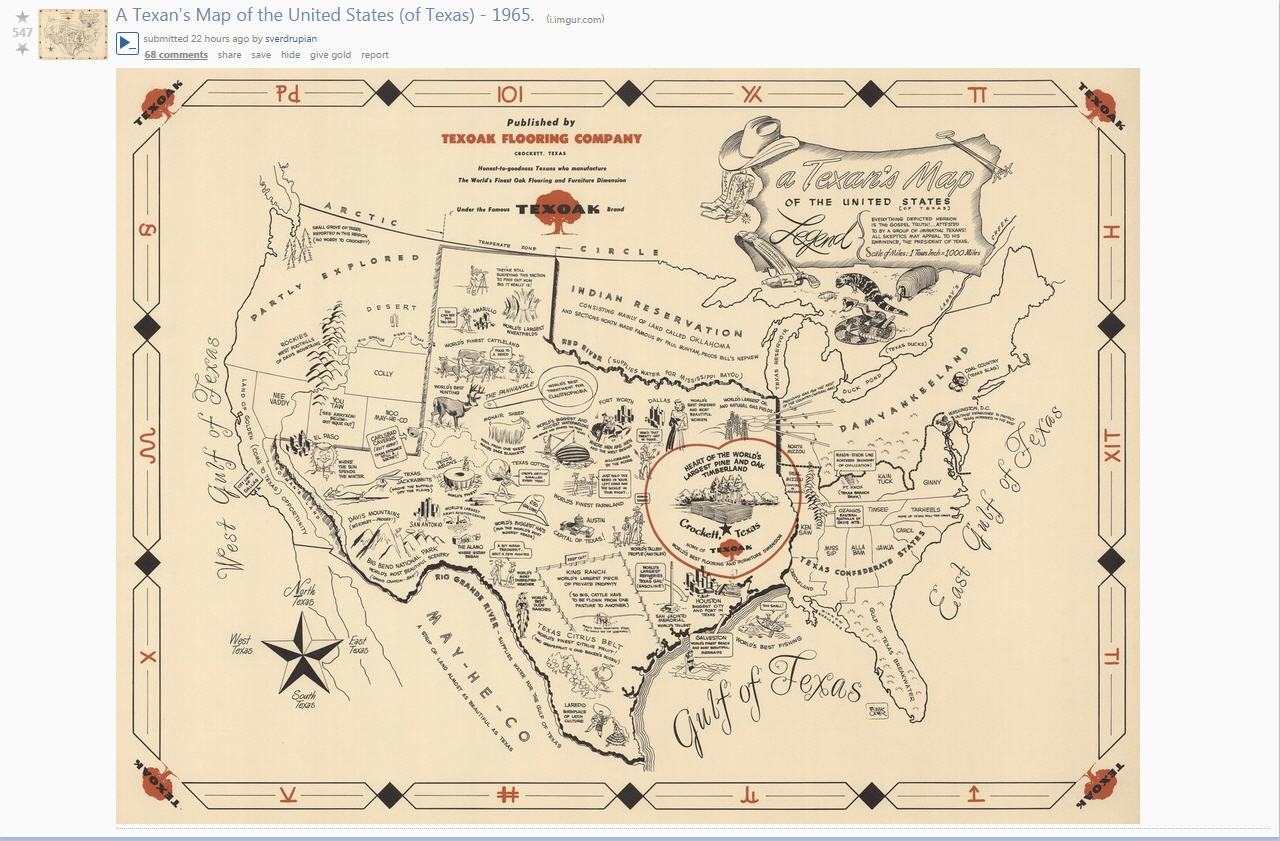 Promotional 1965 map shows a Texan's view of Texas