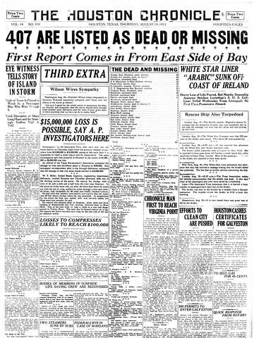 Front page flashback: 1915 hurricane, SS Arabic sinking