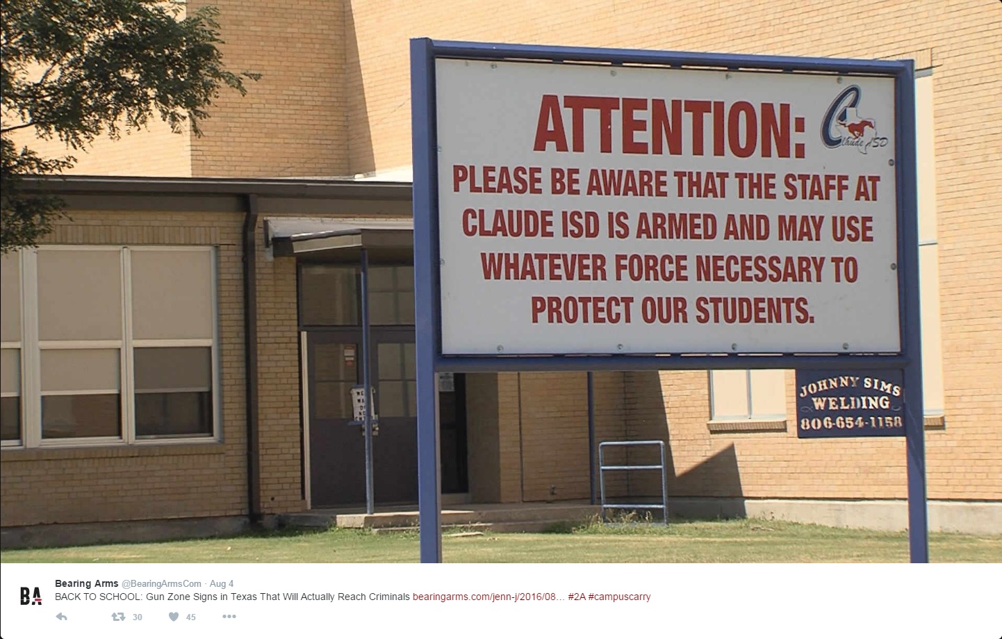 Texas school district sign: Armed faculty 'may use whatever force ...