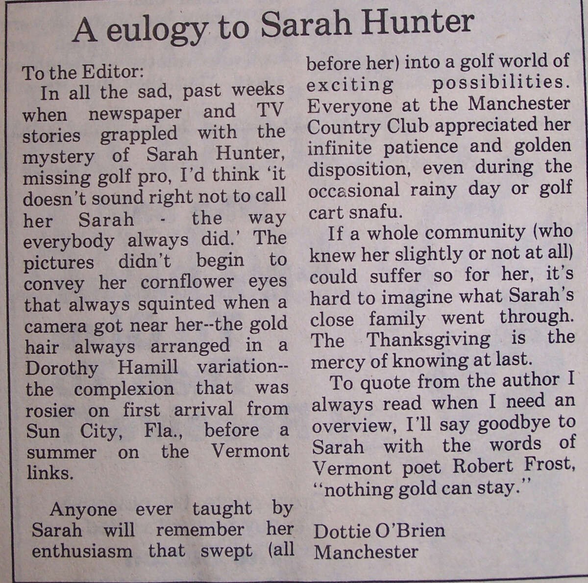 Murder of Vermont golf pro Sarah Hunter still drives Capital Region ...