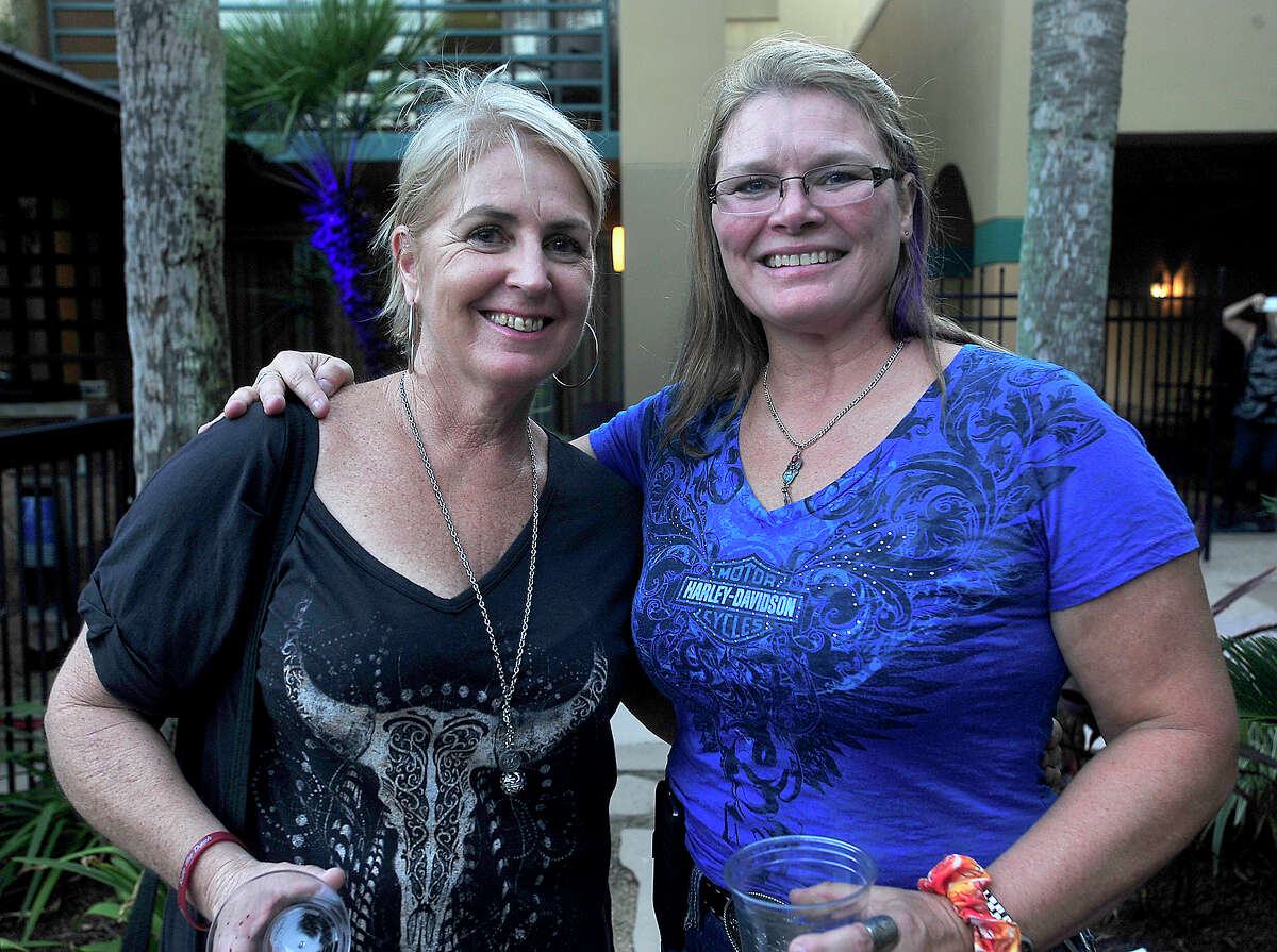 Women motorcyclists gather for a pre-rally meet and greet Thursday night
