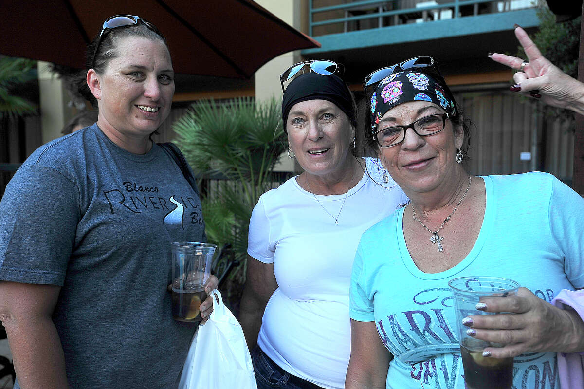 Women motorcyclists gather for a pre-rally meet and greet Thursday night