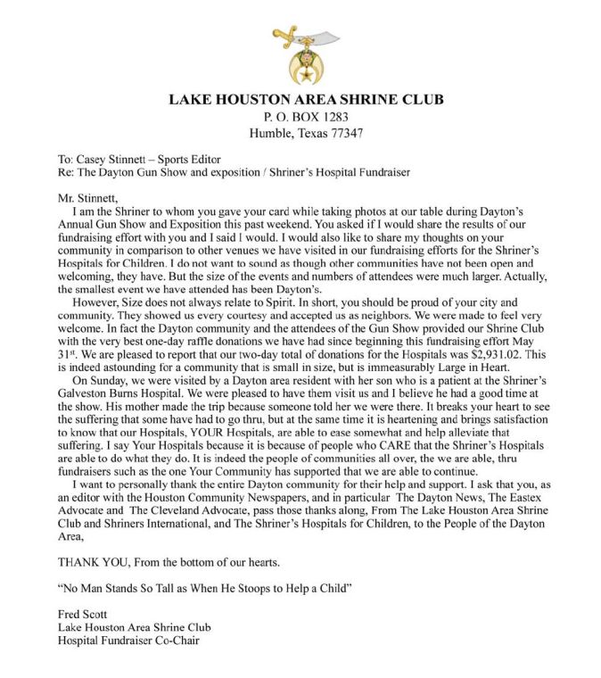 Shriners send thanks to Dayton