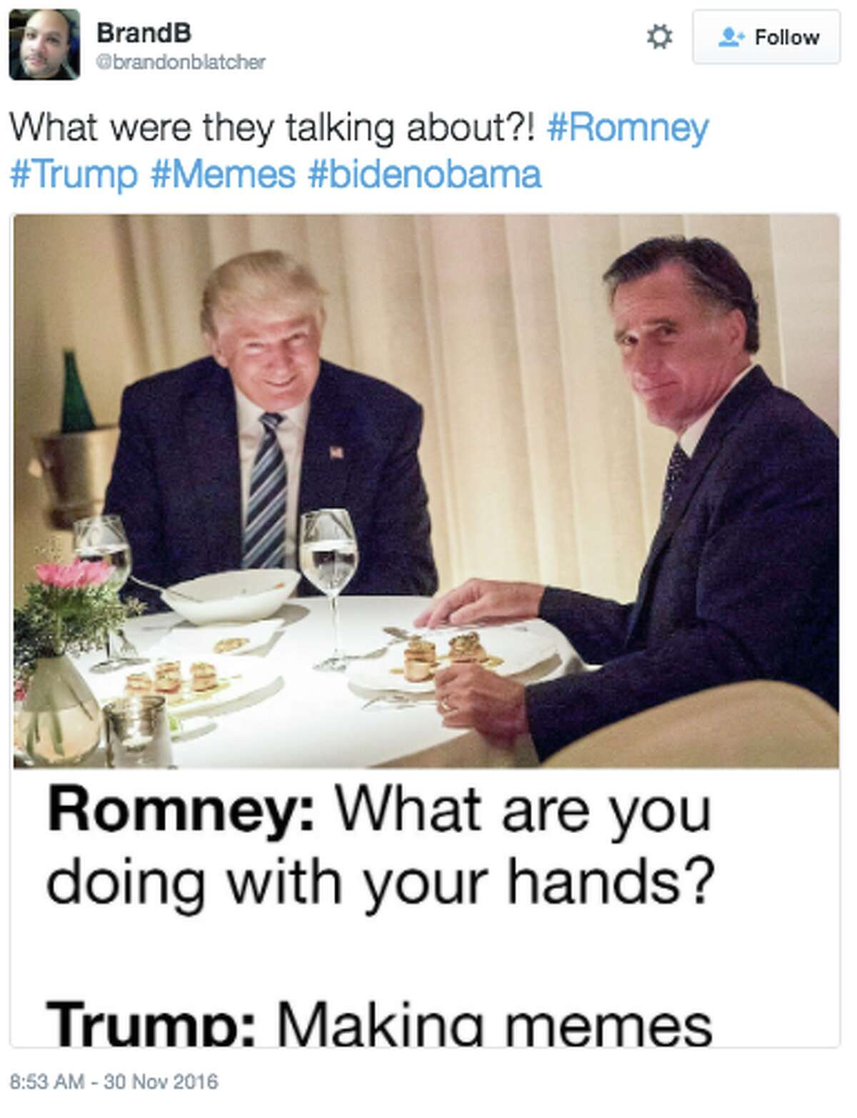 Trump–Romney dinner date on Tuesday night provides fodder for memes