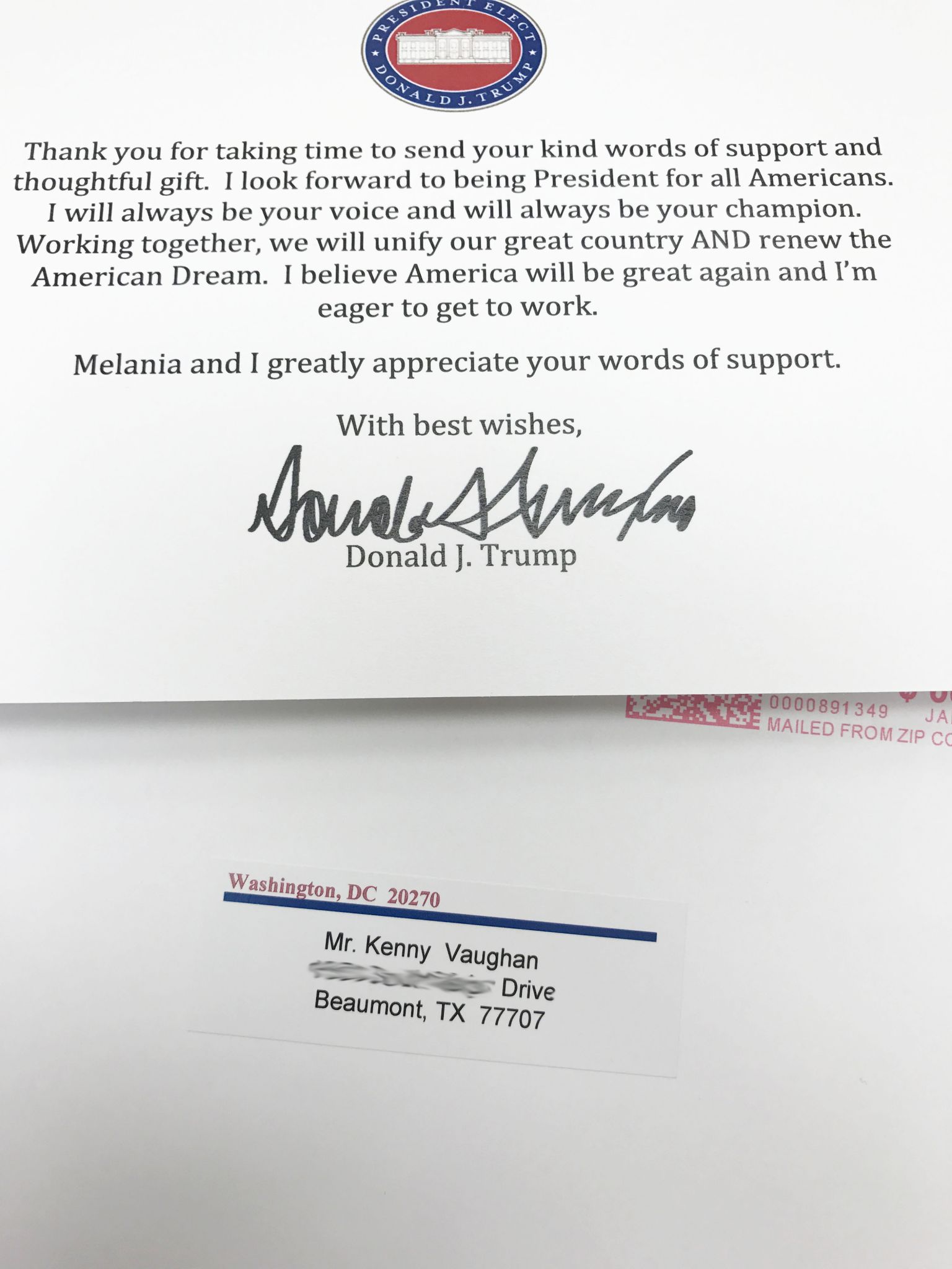Pres. Trump sends thank-you note to local business owner