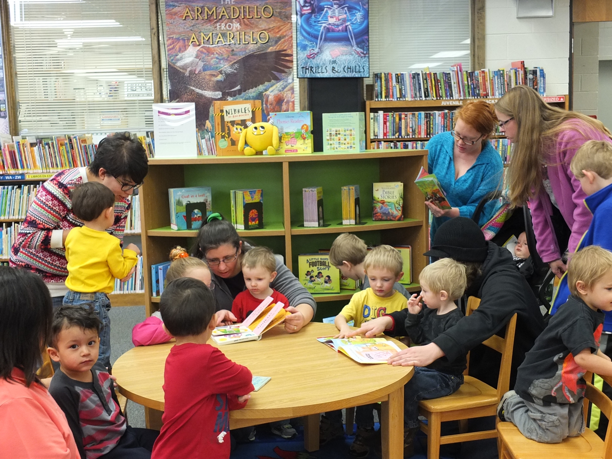 Usborne books on library shelves