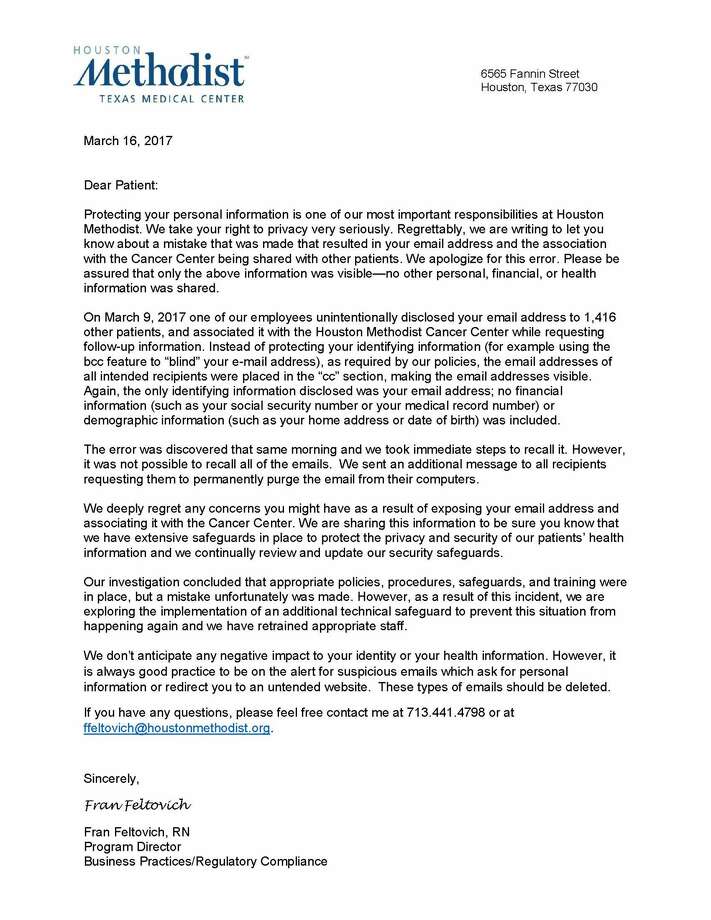Email breach hits Houston Methodist cancer patients - Houston Chronicle