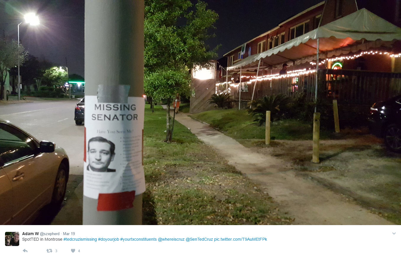 'Missing Ted Cruz' posters are popping up around Houston
