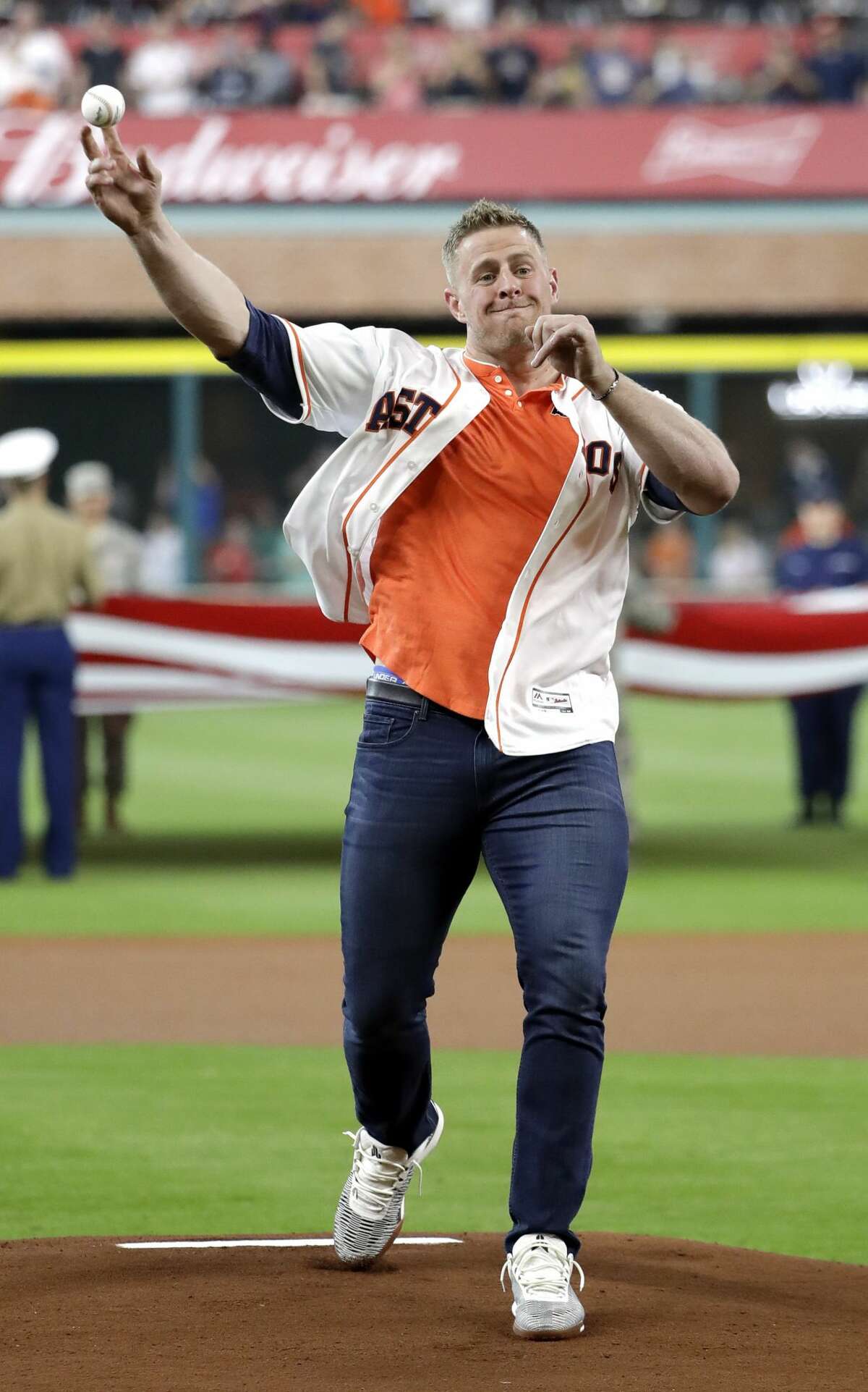 Texans' J.J. Watt delivers pizza, throws Astros' first pitch Texans' J.J. Watt delivers pizza, throws Astros' first pitch