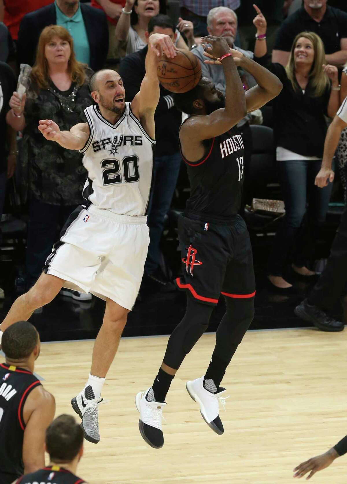 Frame-by-frame look at Manu Ginobili's vicious block on James Harden in OT