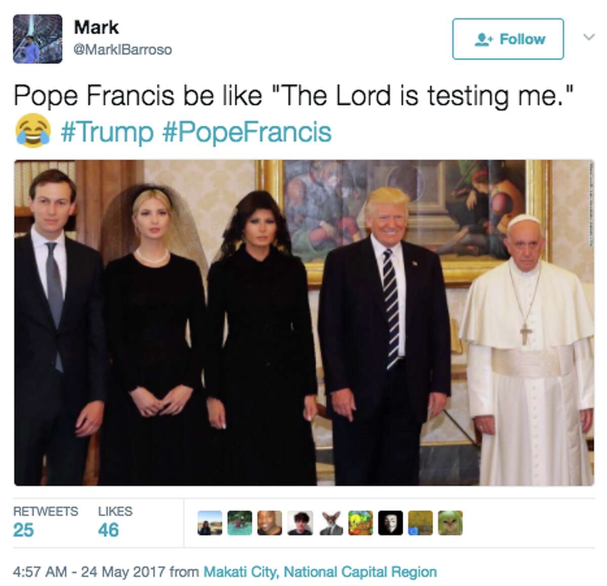 A photo of Pope Francis looking miserable with the Trumps spurs memes