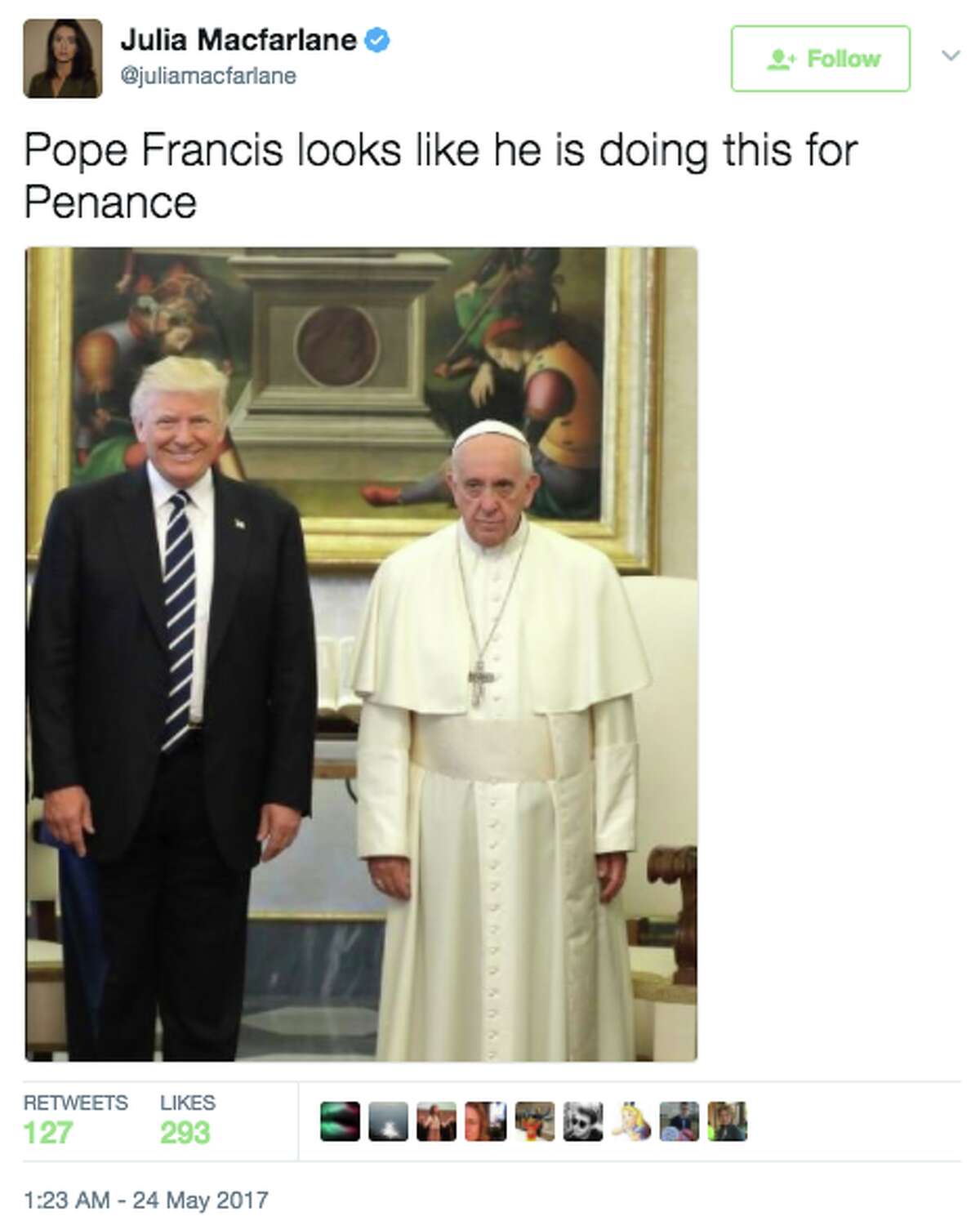 A photo of Pope Francis looking miserable with the Trumps spurs memes