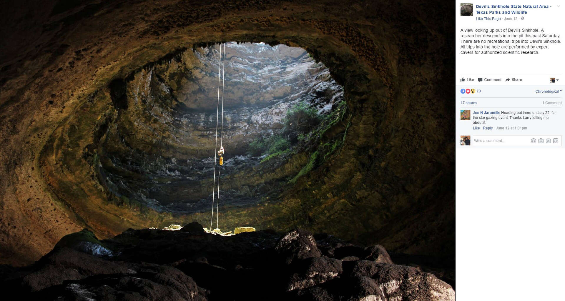 TPWD shares rare photos from inside the Devil's Sinkhole, which is off ...