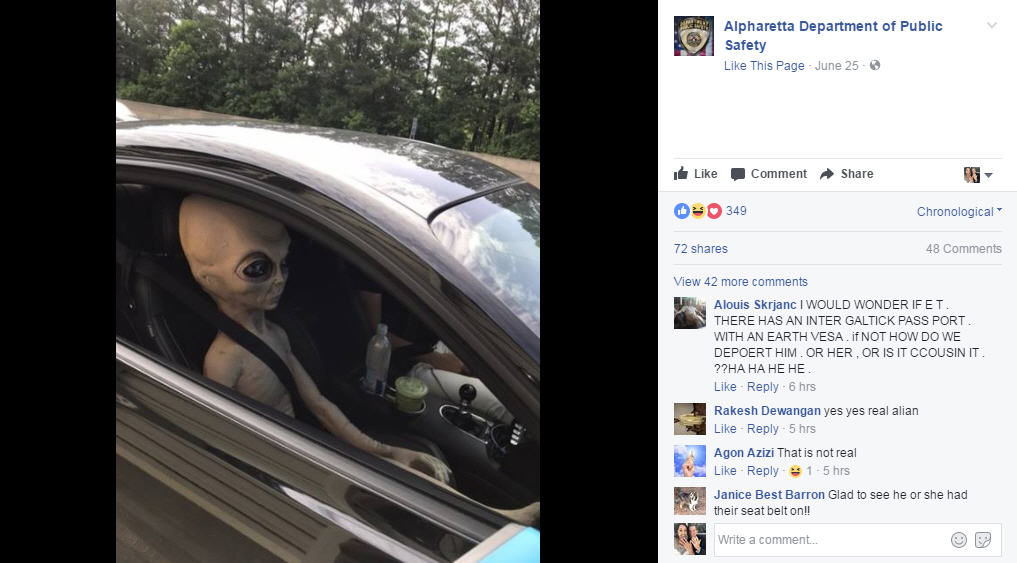 Police pull over speeding car, find alien in the passenger seat