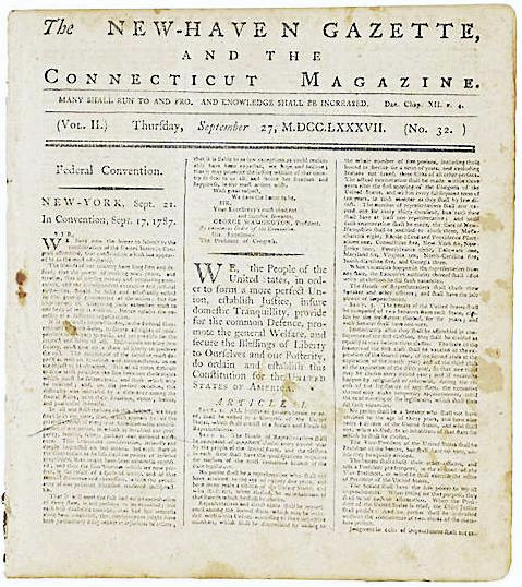 Historic New Haven newspaper printing of U.S. Constitution up for auction