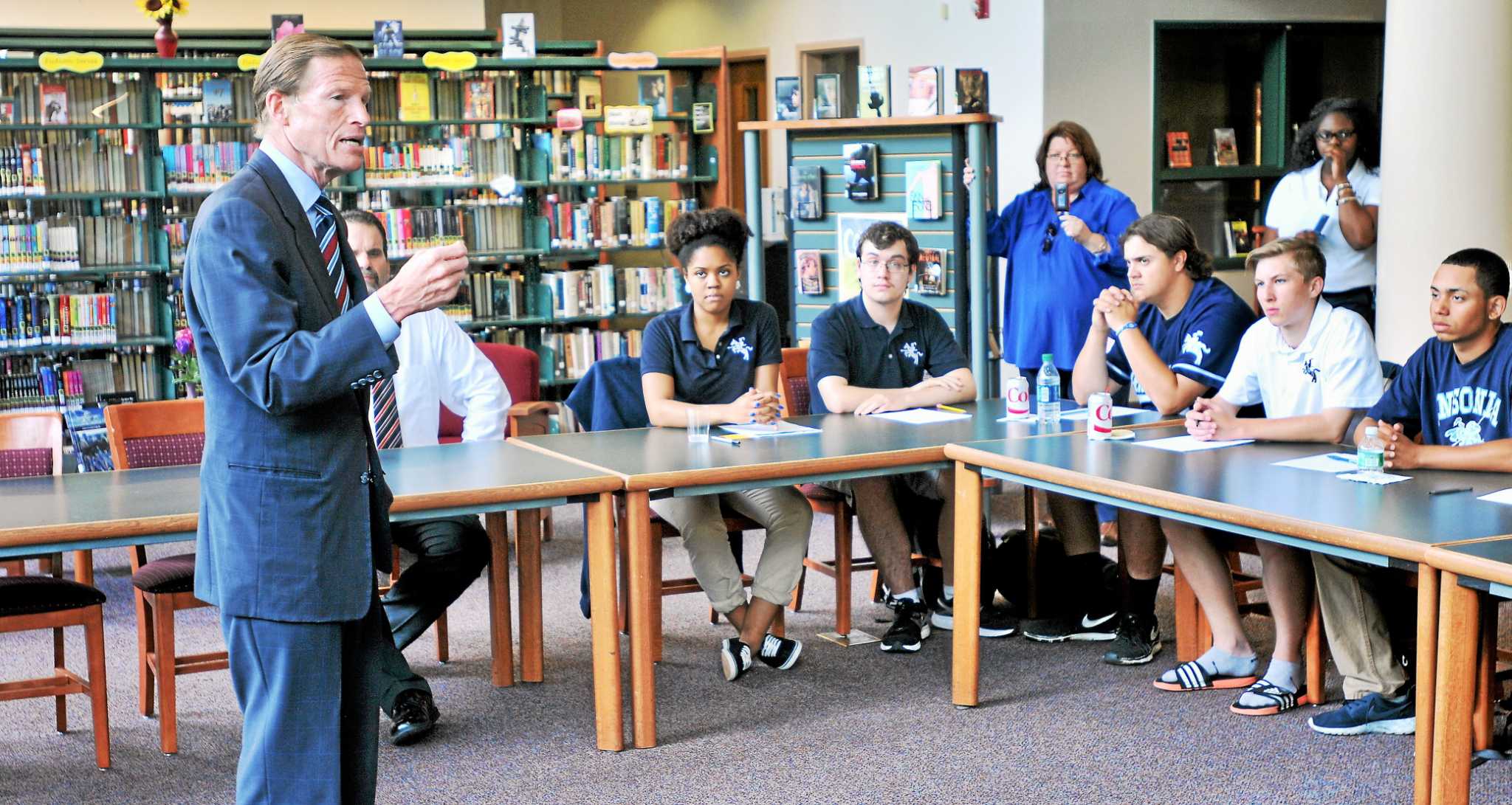 Ansonia students, Blumenthal discuss expense of college