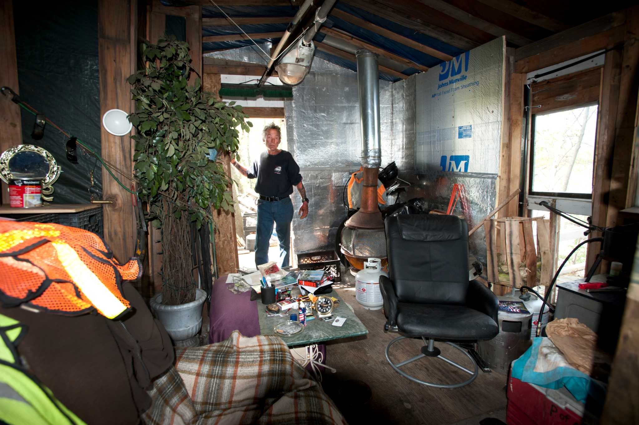 Photos: Homeless man, Tom Grey, creates multi-room shelter in Milford