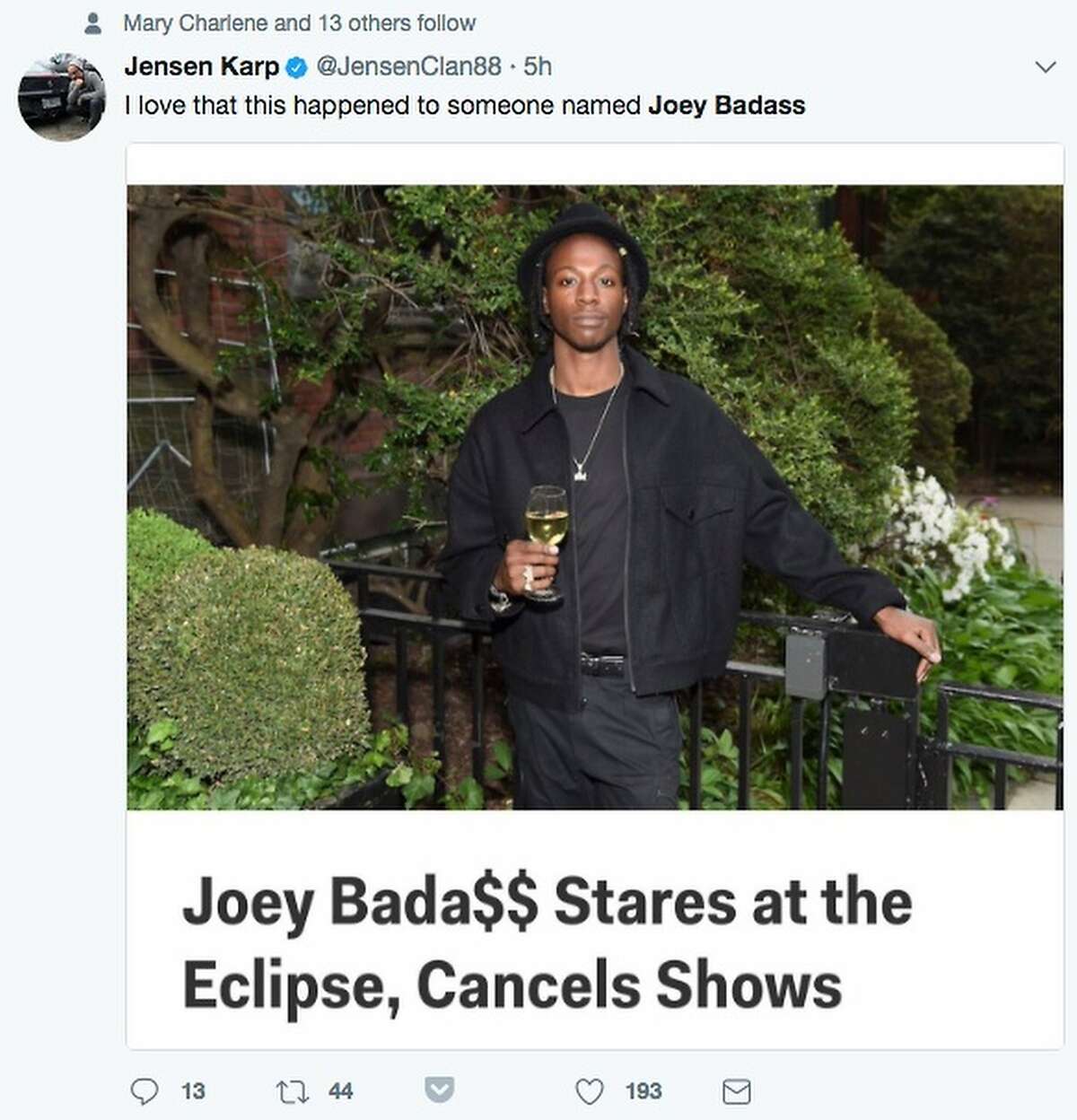 Rapper Joey Badass dubbed 'Joey Badeyes' after tweeting about staring ...
