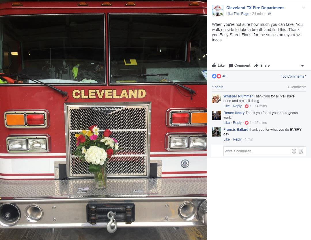 Flowers left on fire truck bring hope, smiles to Cleveland, Texas, fire ...
