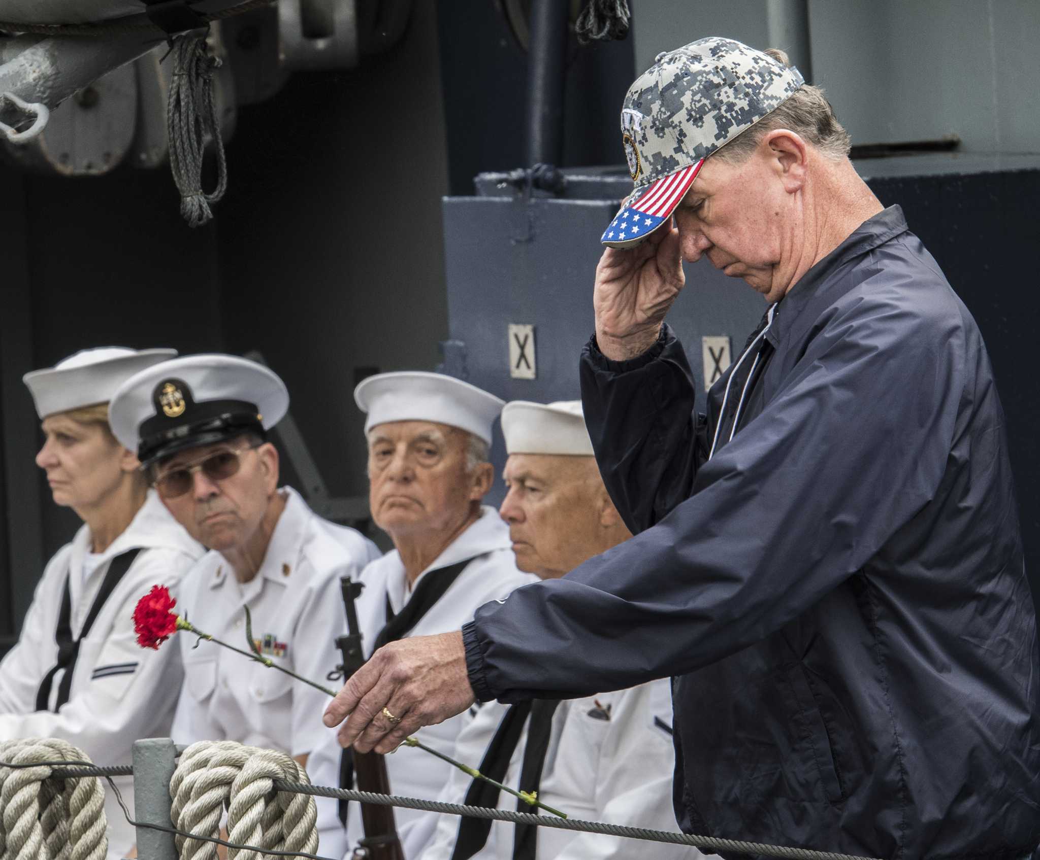 Memorial service on USS Slater for fallen crew members
