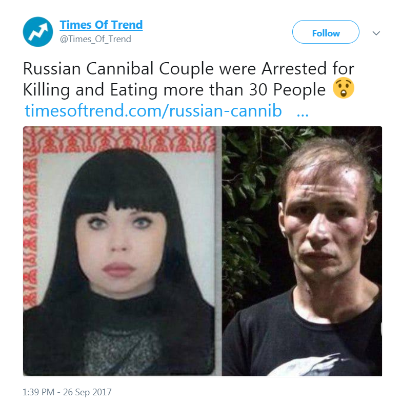 'Cannibal couple' of Russia suspected of eating 30 people