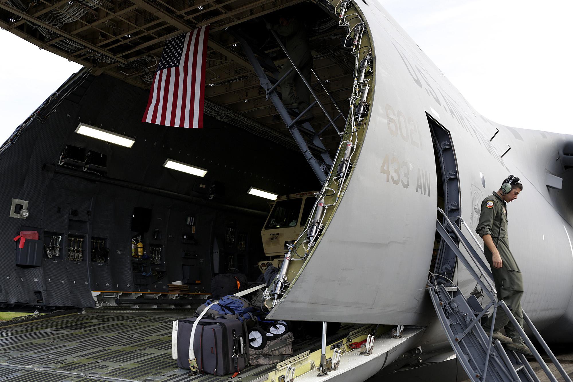 C-5 cargo plane from San Antonio delivering aid to Puerto Rico