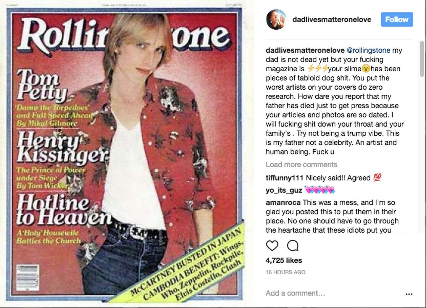 Tom Petty's daughter floods Instagram with photos and heartfelt messages