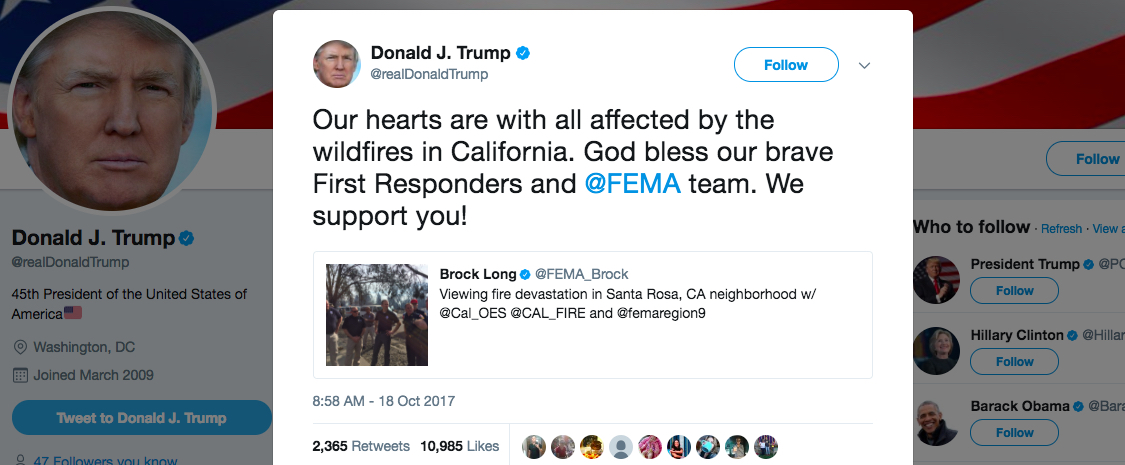 President Trump sends first tweet about Wine Country fires, 10 days ...