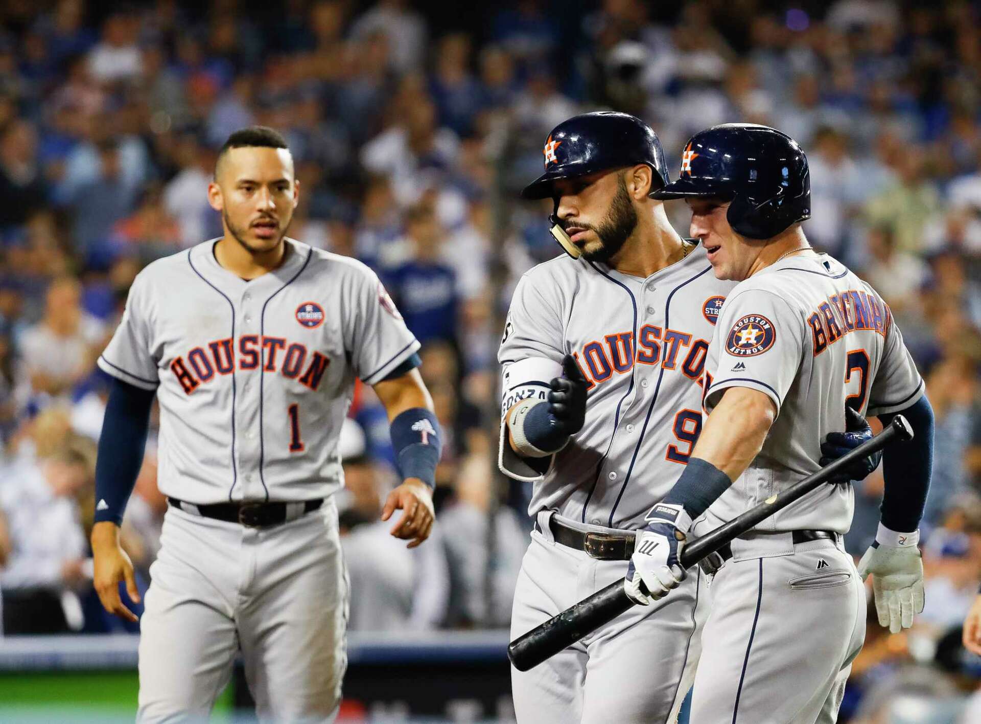 Marwin Gonzalez points to 'Houston Strong' patch after tying HR