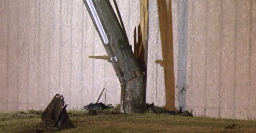 Man hospitalized after splitting pole in overnight wreck
