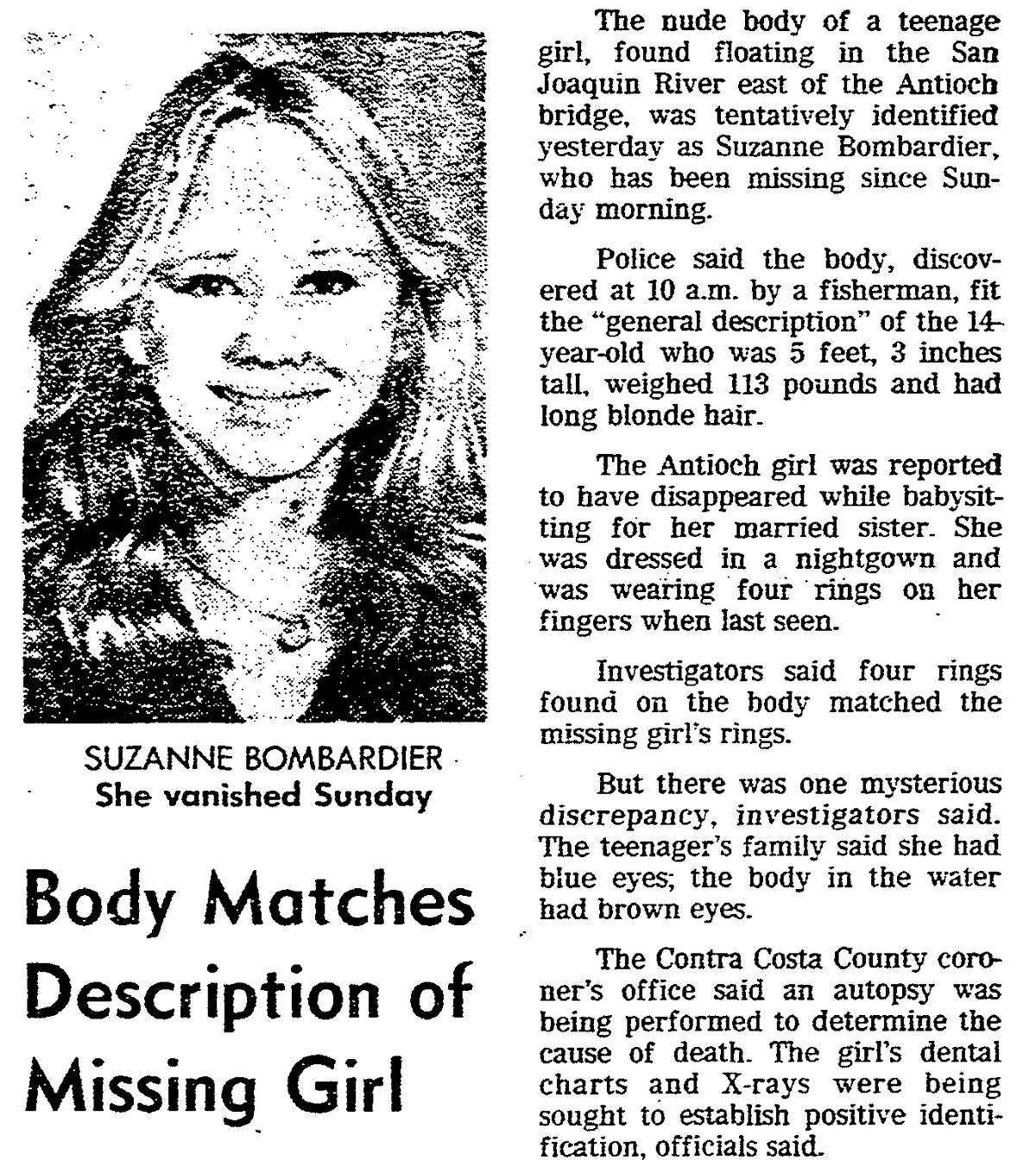 Arrest in notorious 1980 slaying of Antioch teen Suzanne Bombardier