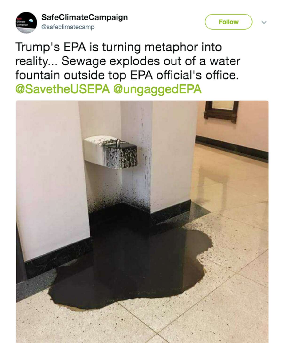 Memes abound after black sewage pours from EPA drinking fountains